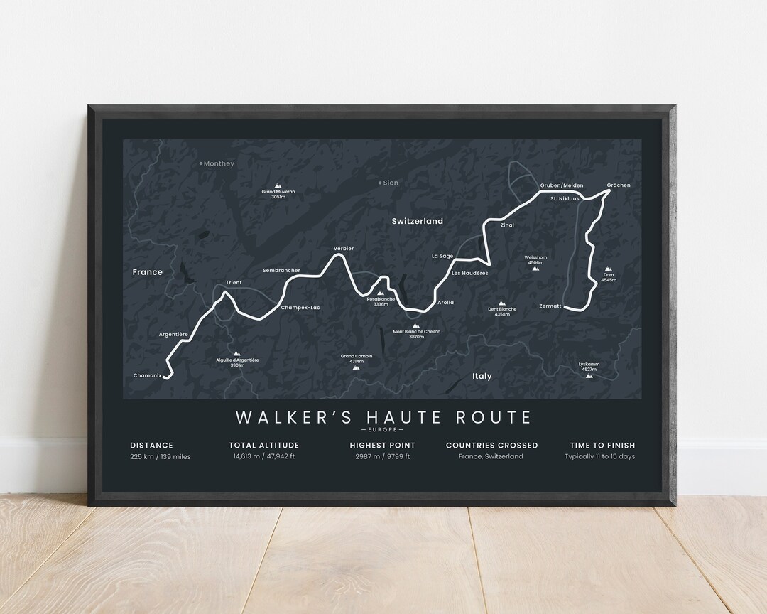 Walker's Haute Route Poster | Haute Route Alps Hiking Trail Map ...
