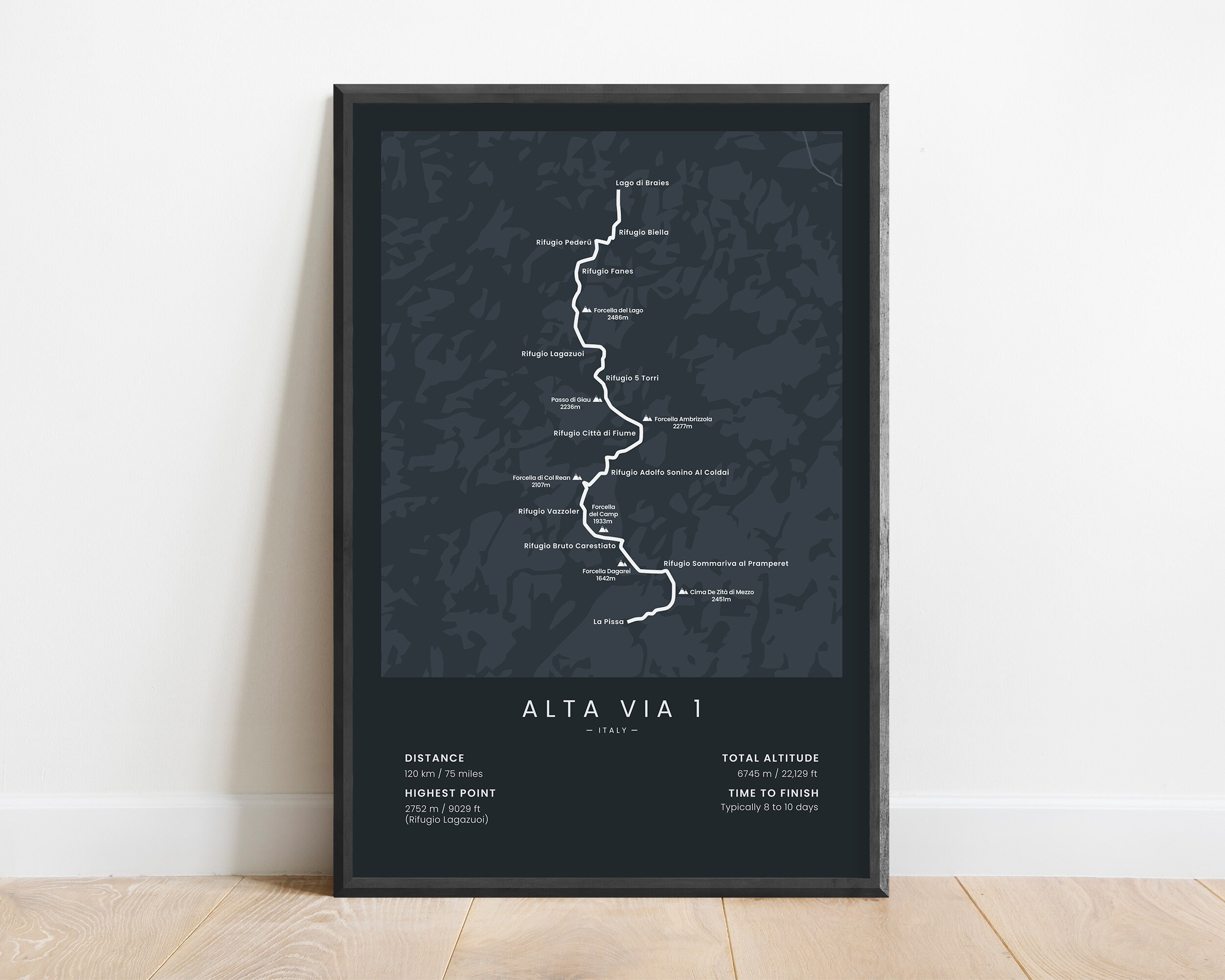 Alta via 1 Print Italian Dolomites Hiking Map Alps Trekking Path Poster ...