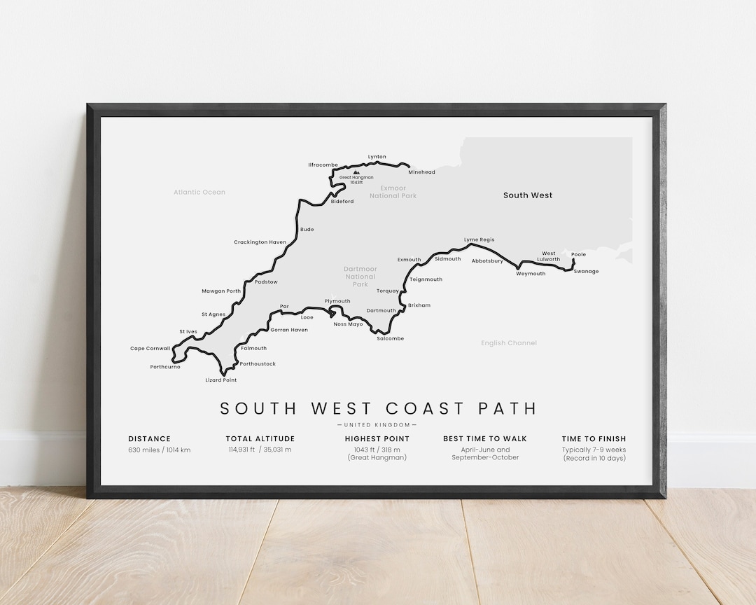 South West Coast Path Print | England Cornwall Long-distance Hiking ...