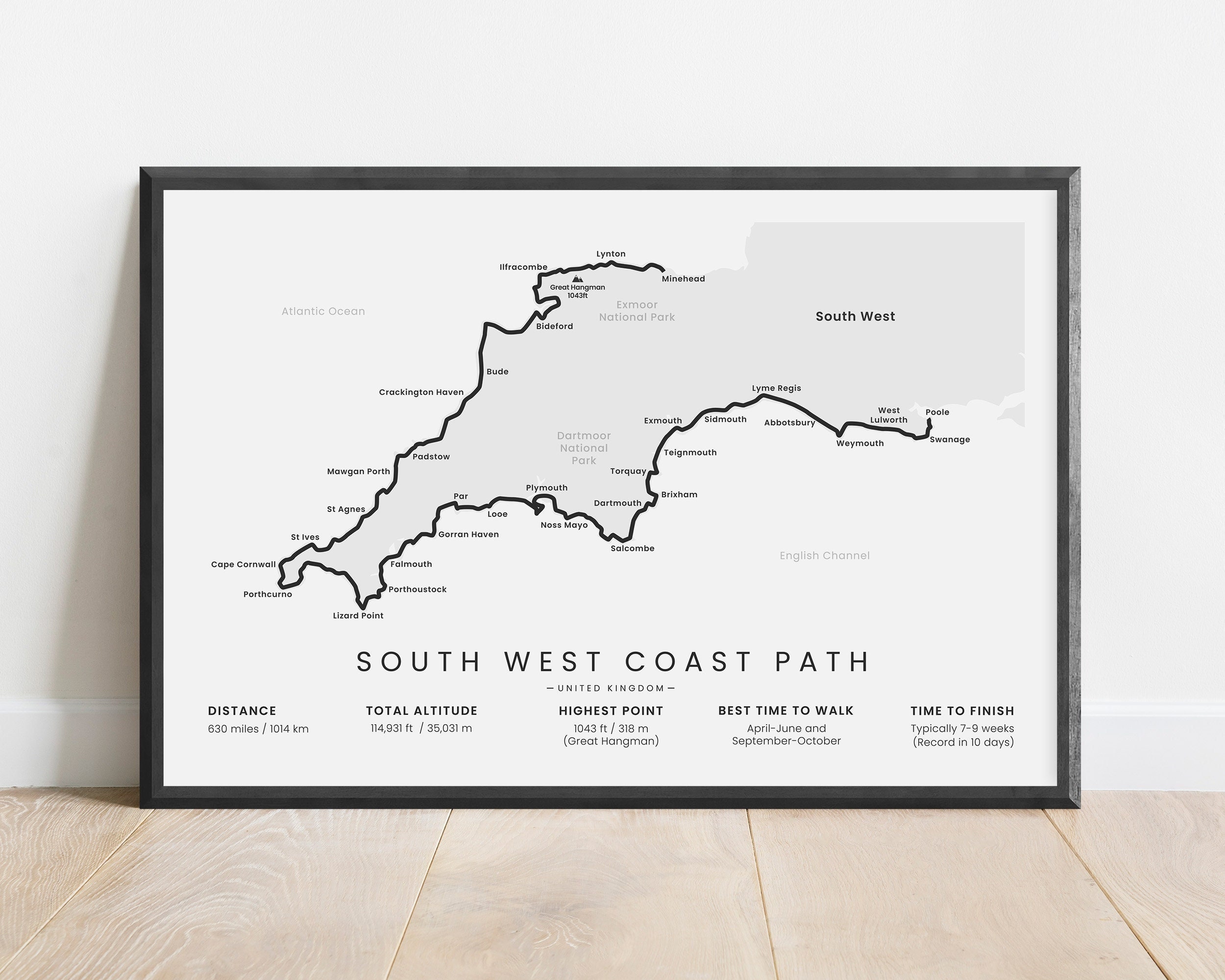 South West Coast Path Print England Cornwall Long-distance Hiking Trail ...
