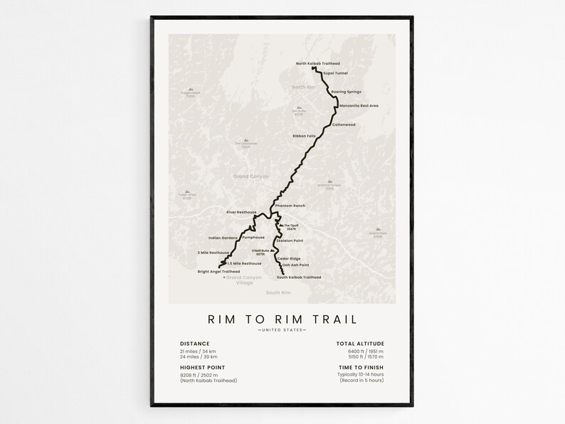 Rim to Rim Trail Print Grand Canyon Hiking Map South Rim - Etsy
