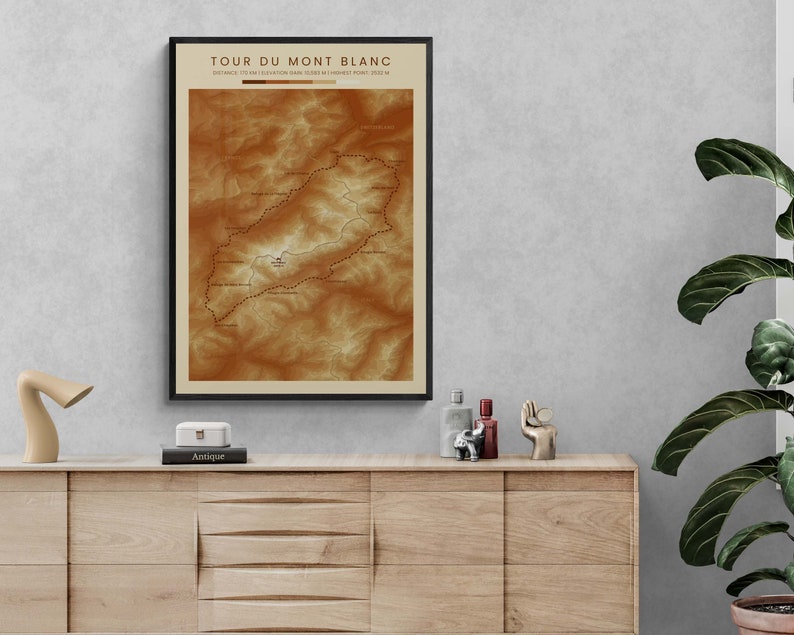Tour Du Mont Blanc Topographic Map Poster | TMB Elevation Contour Map ...