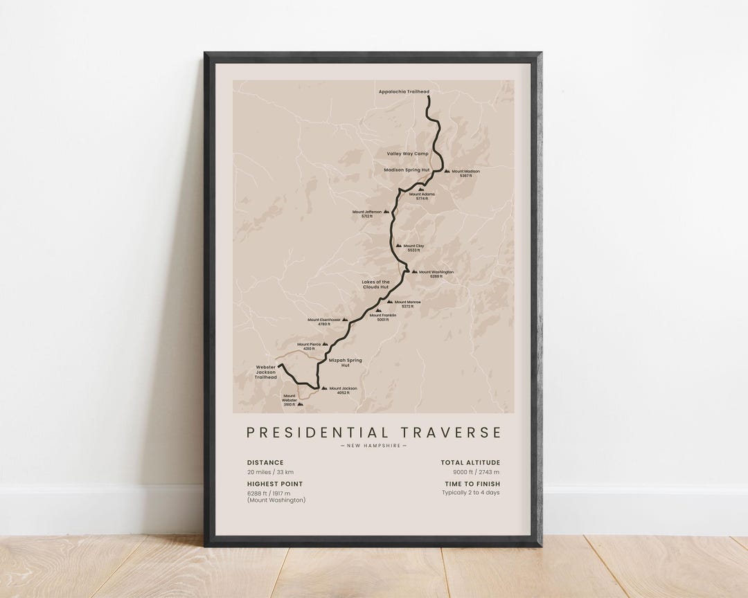 Presidential Traverse Map Print | Mount Washington Summit Hike Map ...