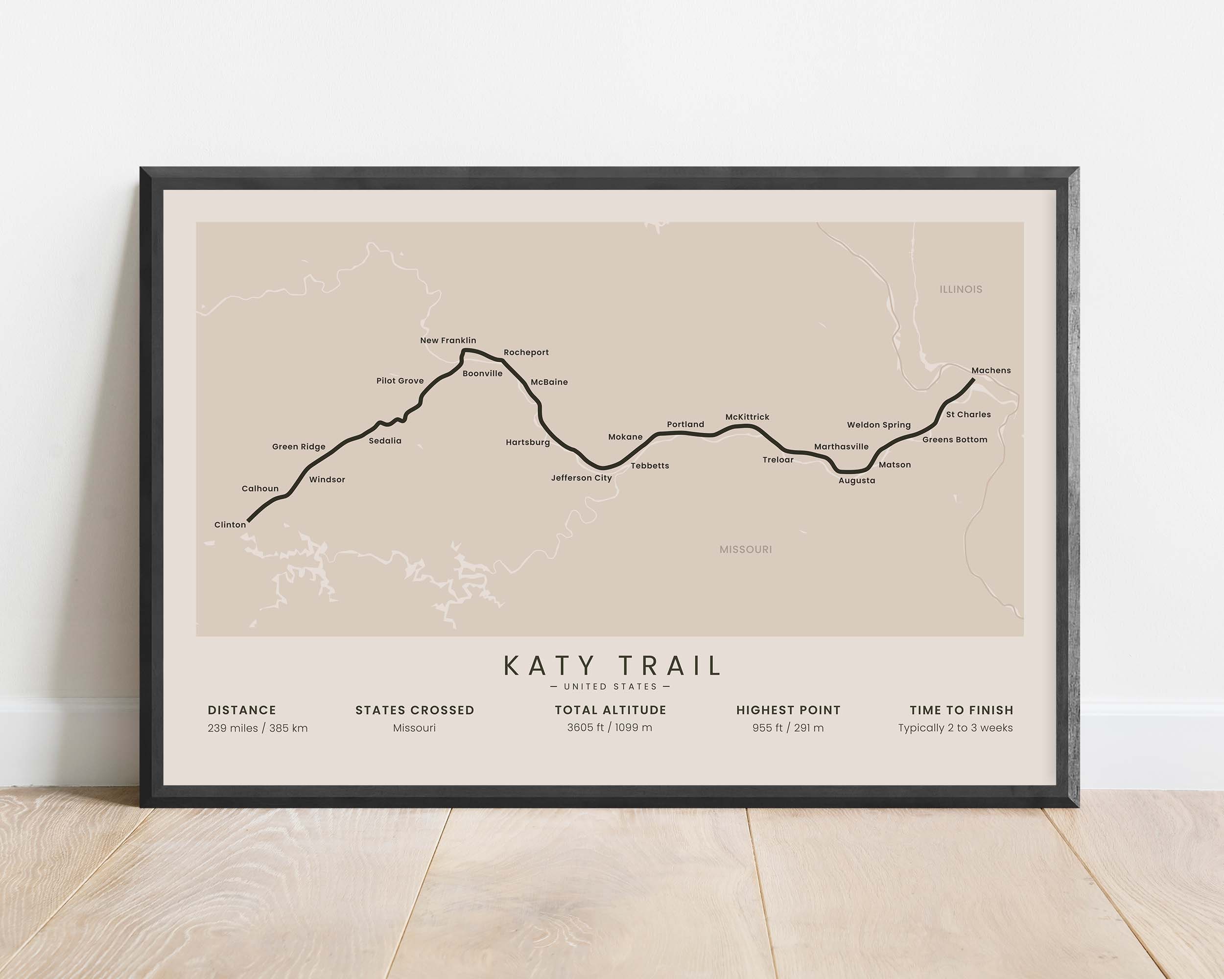 Katy Trail Map Print | MKT Rail Trail Poster | Clinton to Machens ...