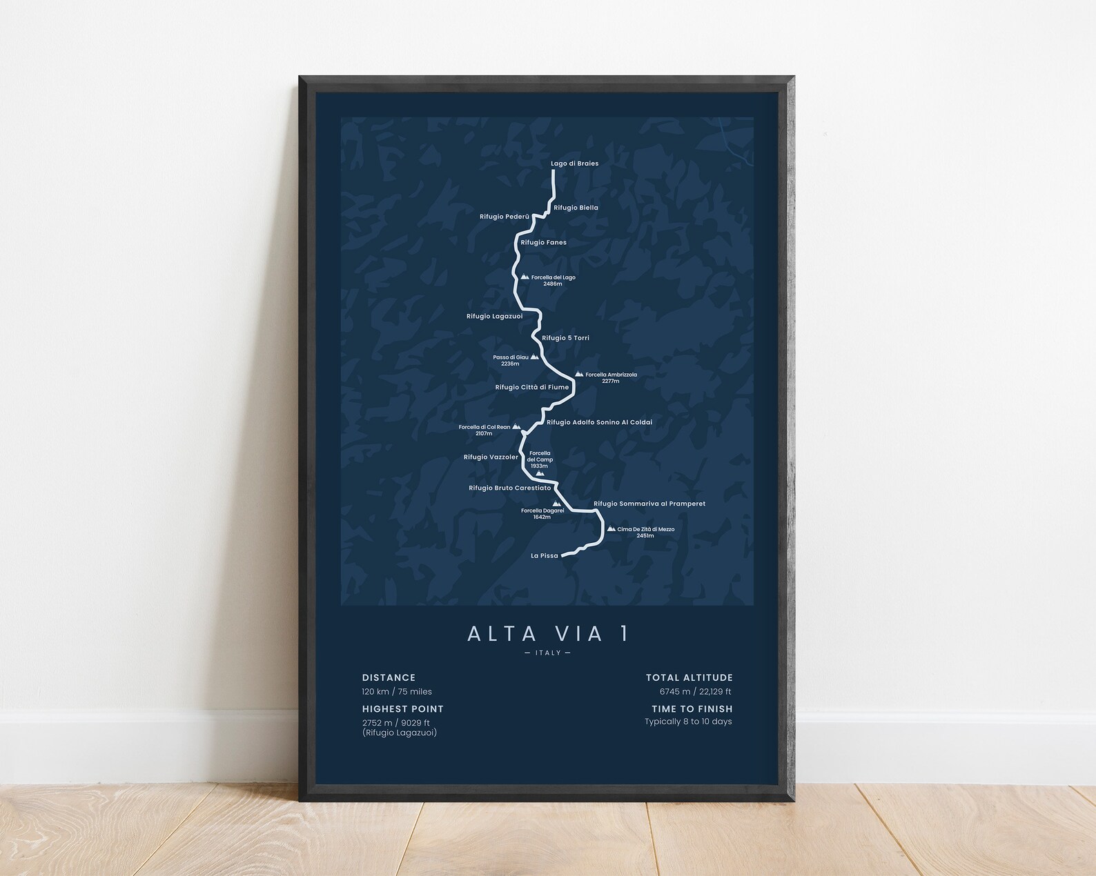 Alta via 1 Print Italian Dolomites Hiking Map Alps Trekking Path Poster ...
