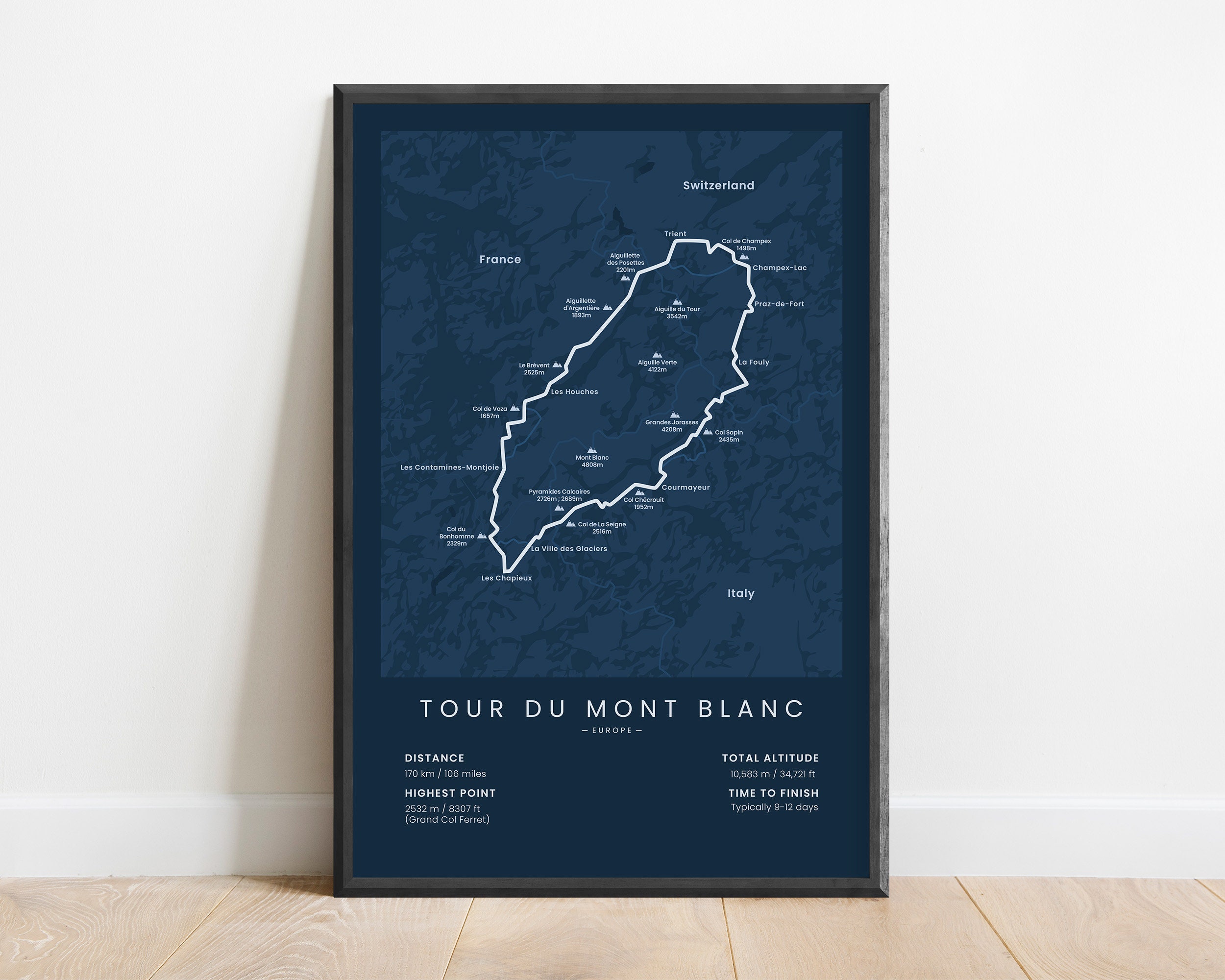 Tour Du Mont Blanc Print TMB Hiking Map Mount Blanc Wall Art French ...