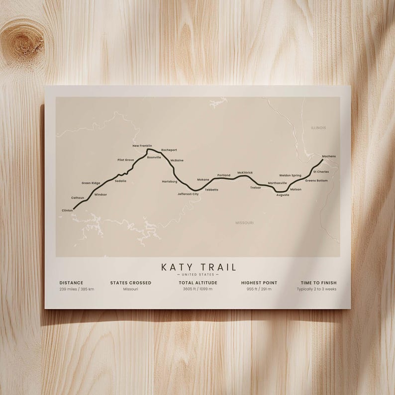 Katy Trail Map Print | MKT Rail Trail Poster | Clinton to Machens ...