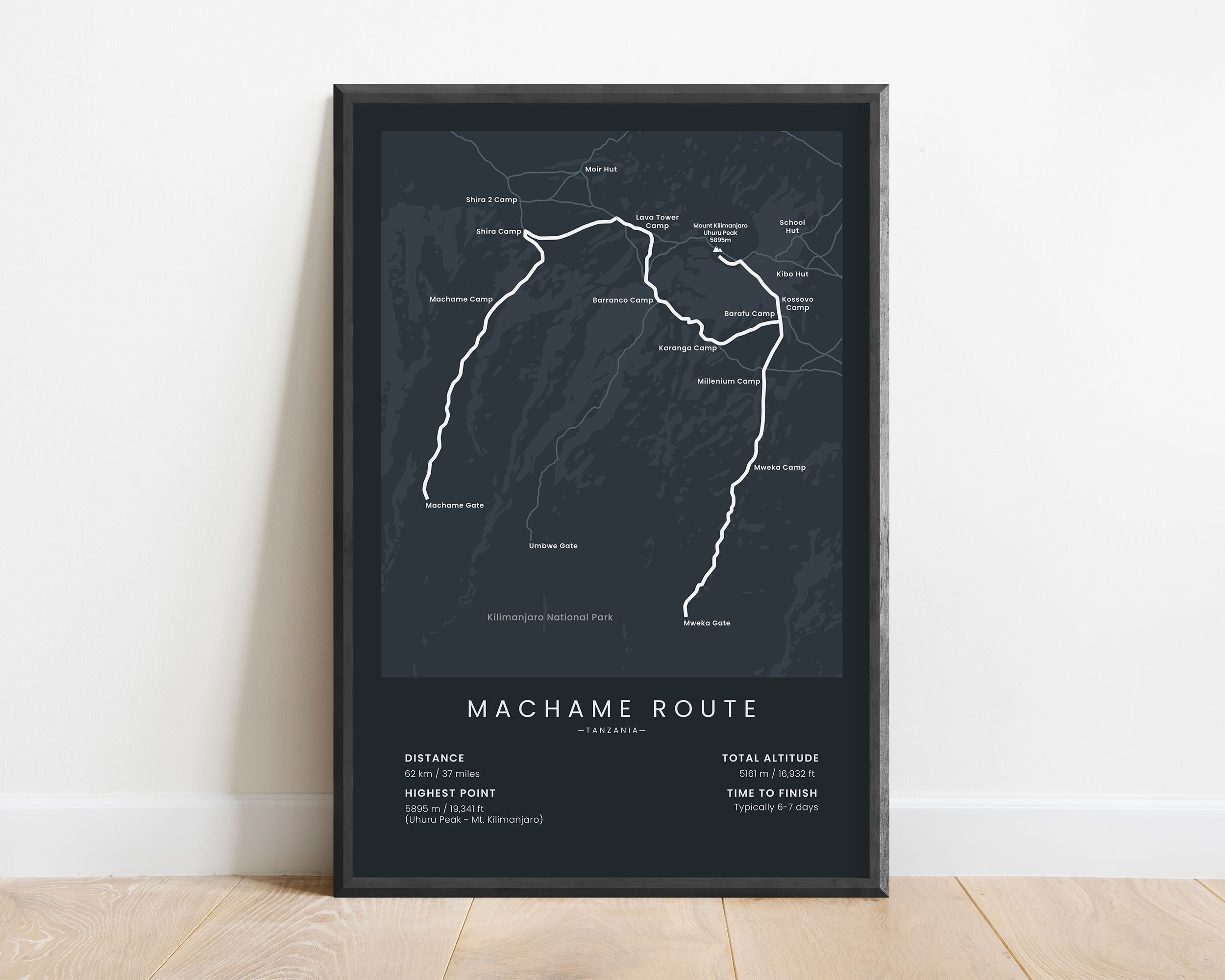 Machame Route Map Print Mount Kilimanjaro Trekking Poster Whiskey Route ...
