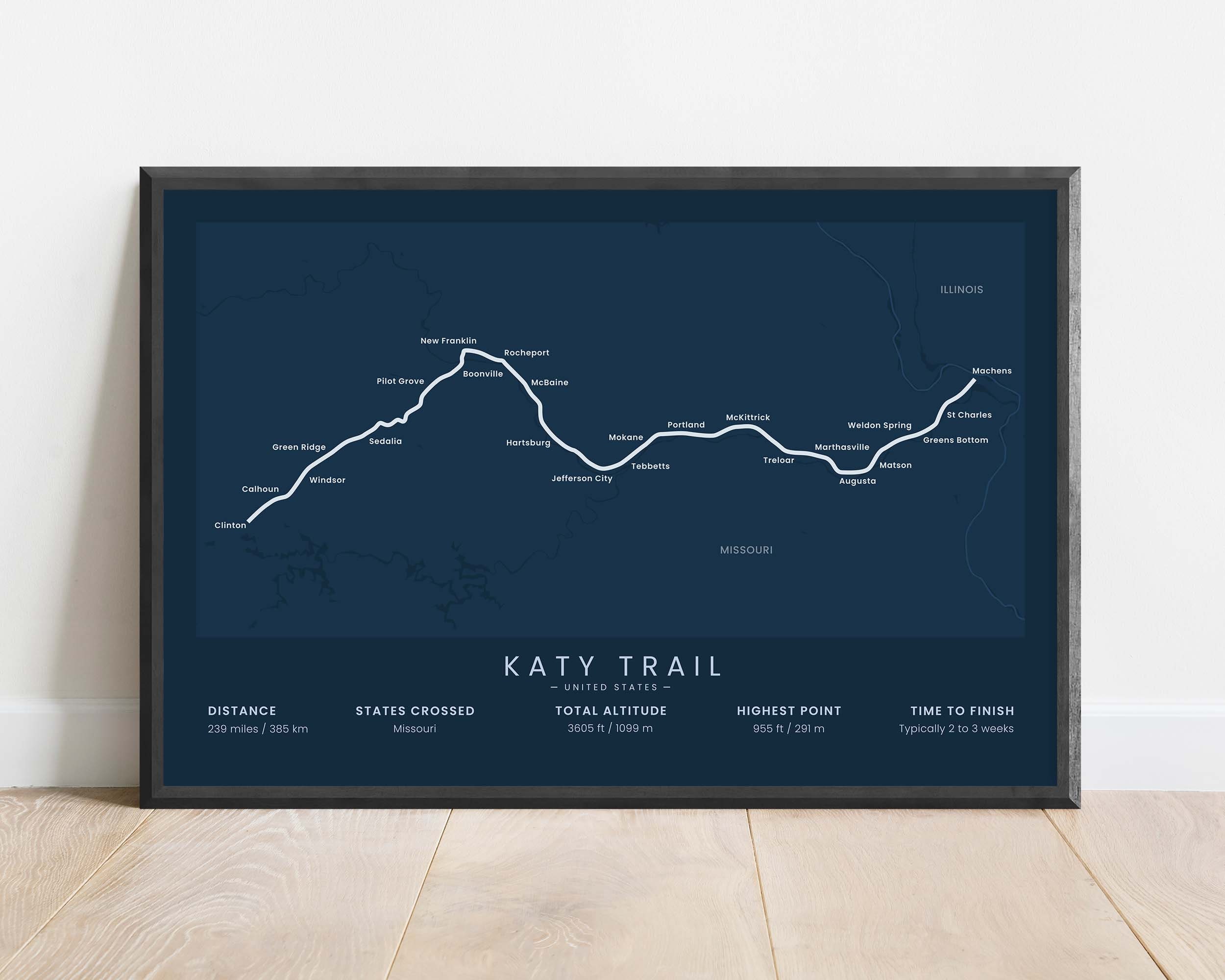 Katy Trail Map Print | MKT Rail Trail Poster | Clinton to Machens ...