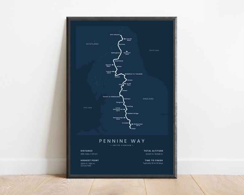 Pennine Way Print Pennine Way Walking Trail Map Poster England Long ...