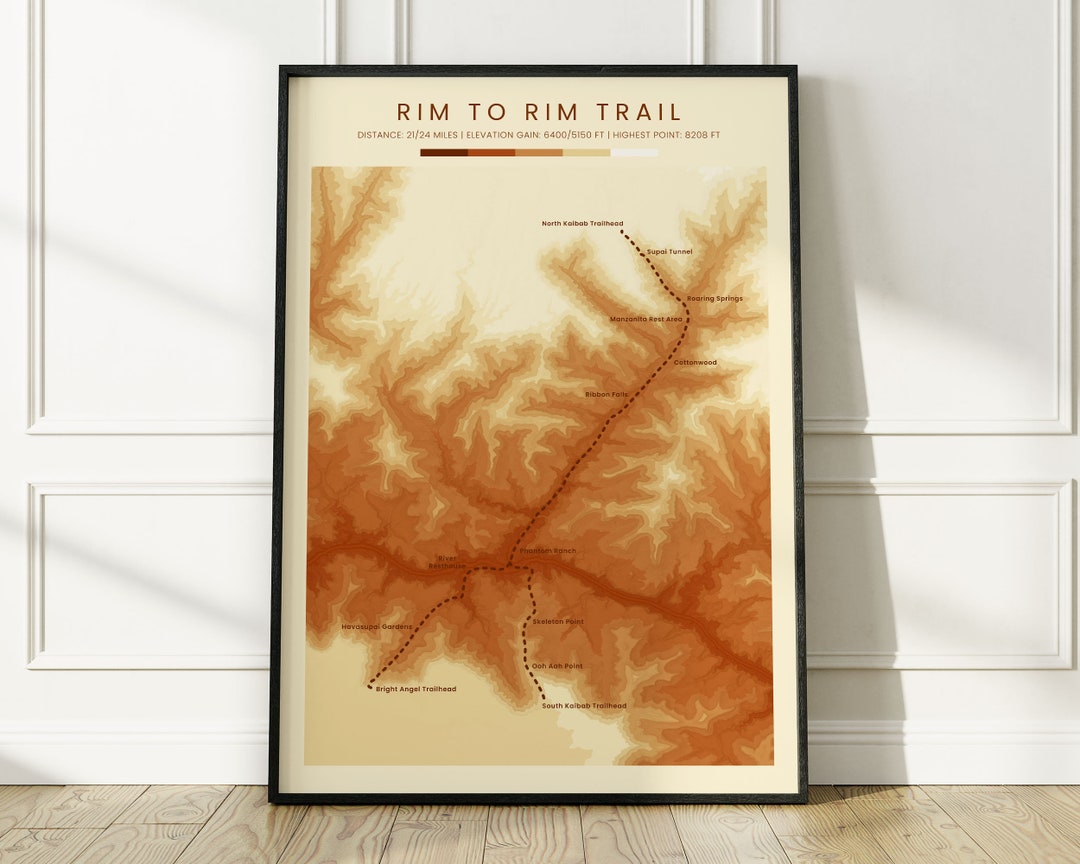 Rim to Rim Trail Topographic Map Poster | Grand Canyon Hike Elevation ...