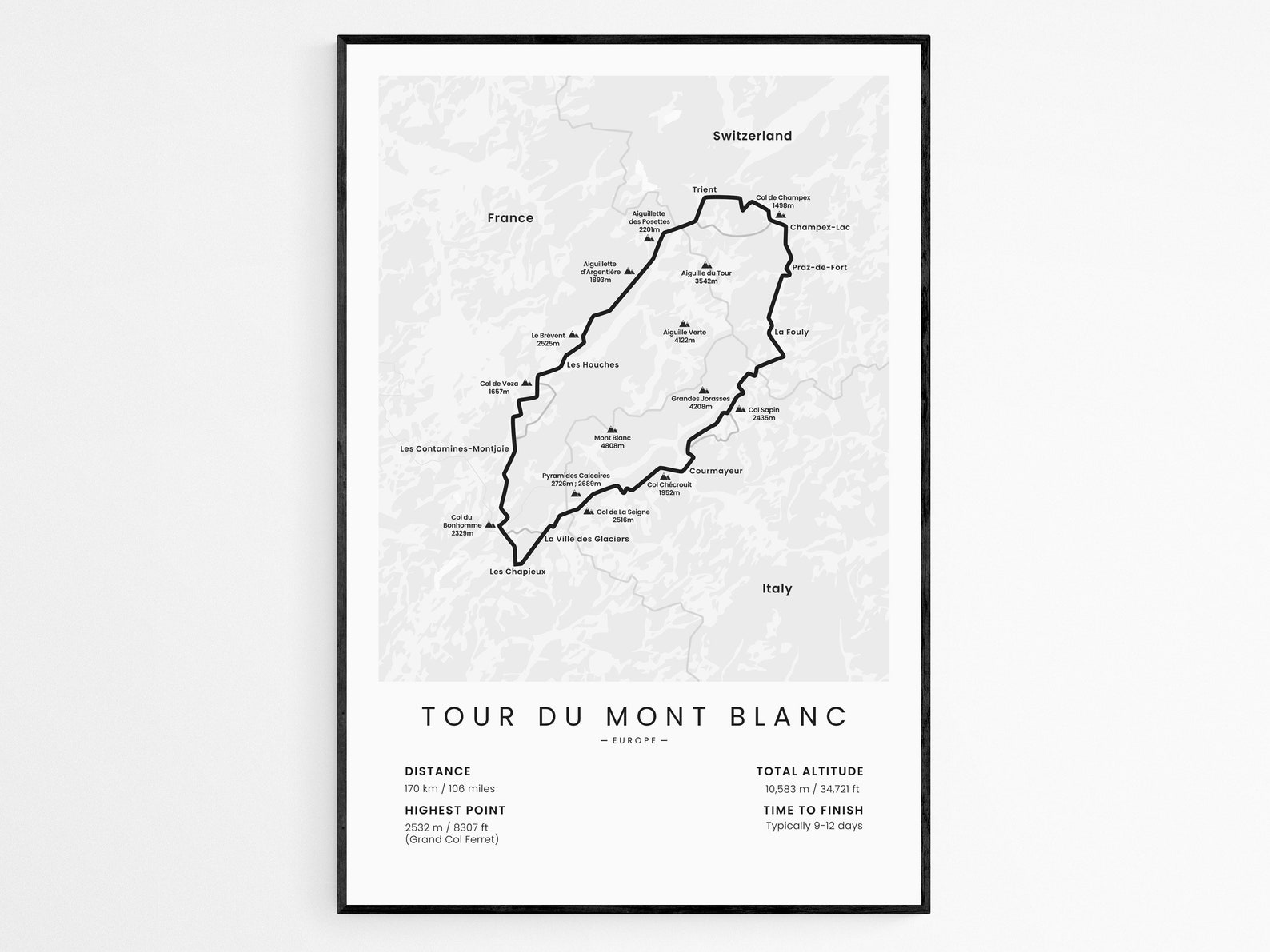 Tour Du Mont Blanc Print TMB Hiking Map Mount Blanc Wall - Etsy