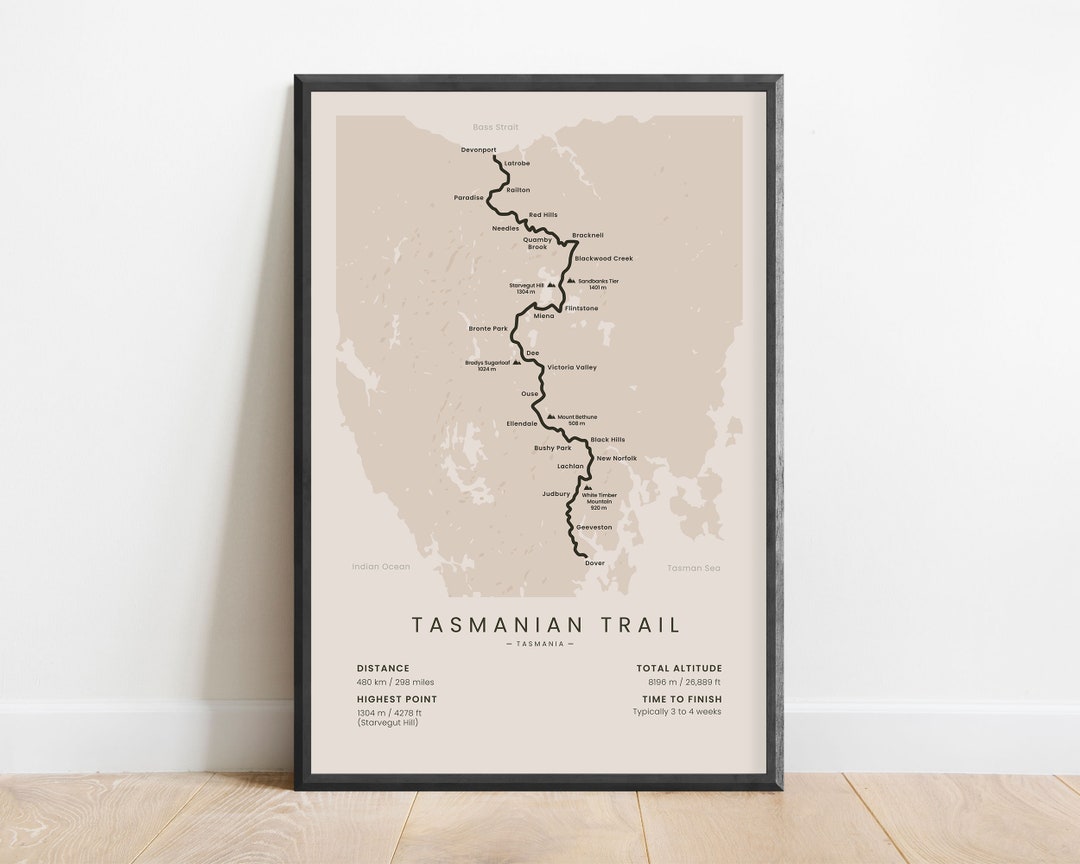 Tasmanian Trail Print | TAS Thru Hike Map | Tasmania Long Distance ...