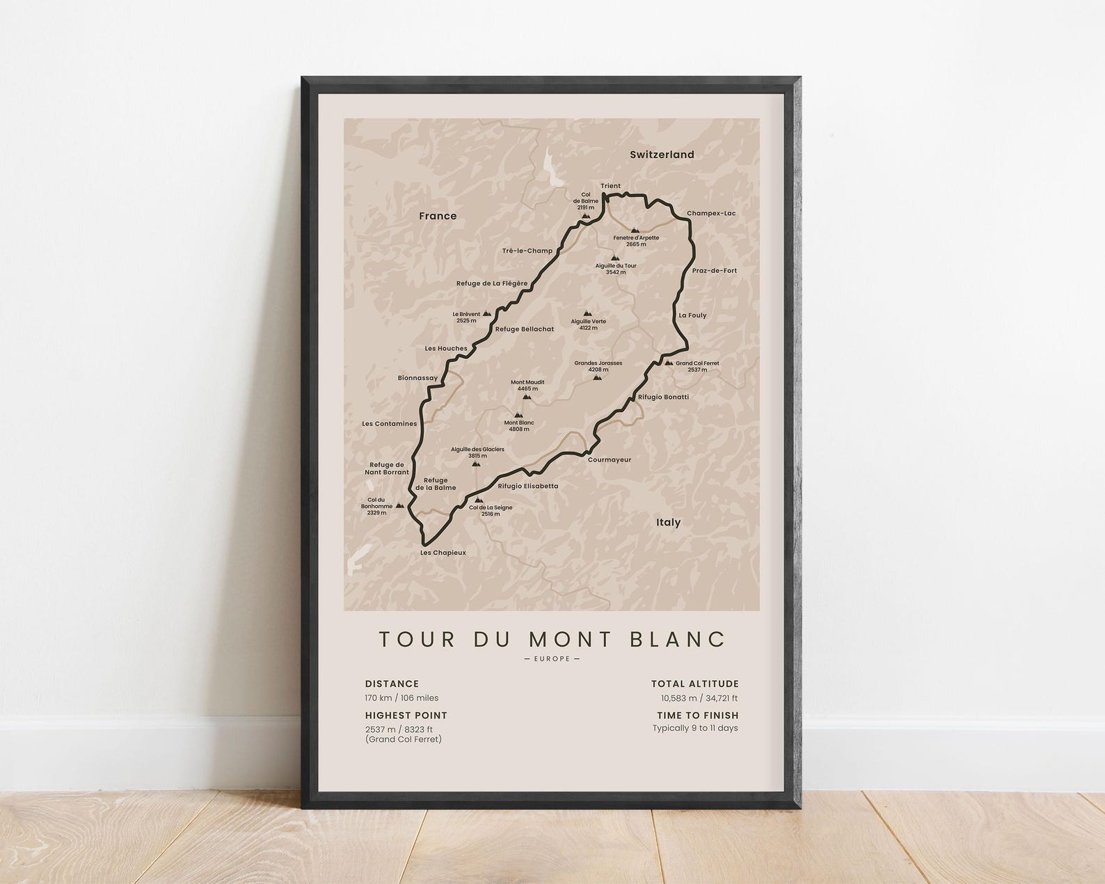 Tour Du Mont Blanc Print | TMB Hiking Map | Mount Blanc Loop Wall Art ...
