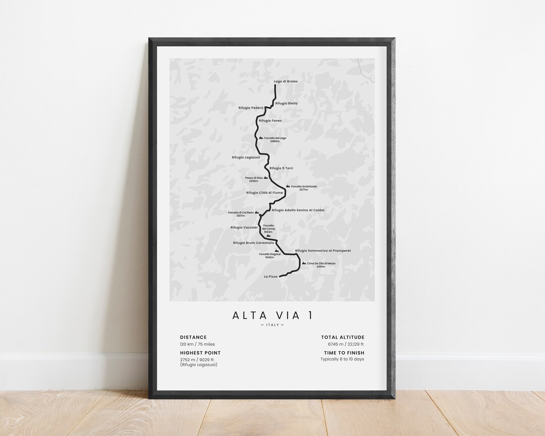 Alta via 1 Print | Italian Dolomites Hiking Map | Alps Trekking Path ...