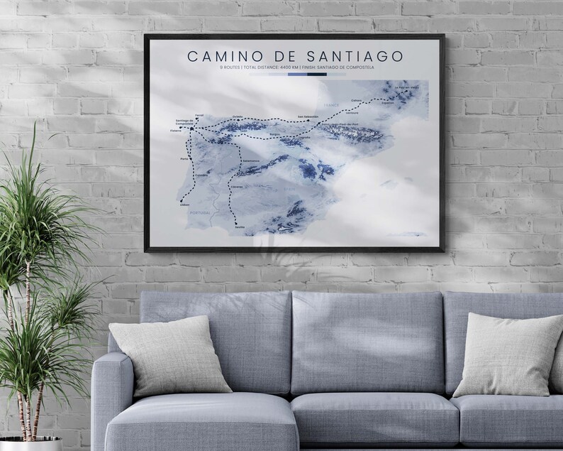 Camino De Santiago Topographic Map Poster (all Routes) | Way of Saint ...