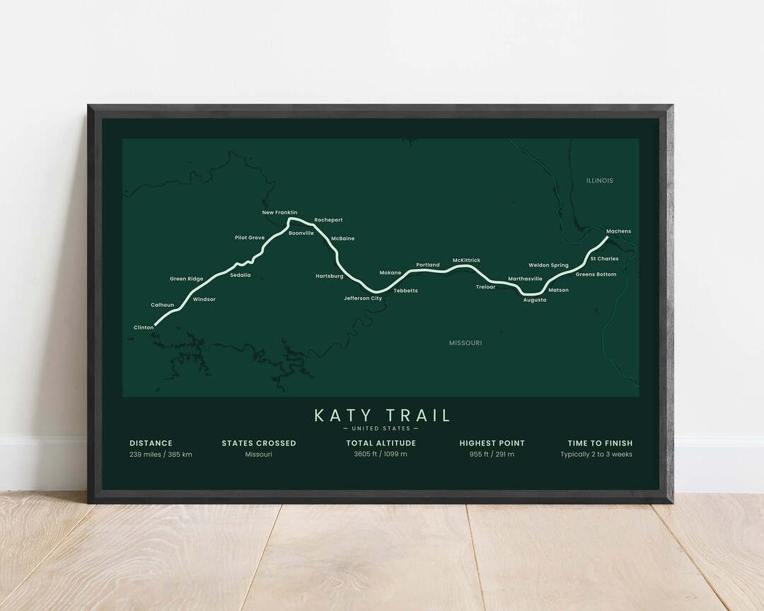 Katy Trail Map Print | MKT Rail Trail Poster | Clinton to Machens ...