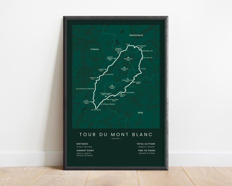 Tour Du Mont Blanc Print TMB Hiking Map Mount Blanc Wall Art French ...
