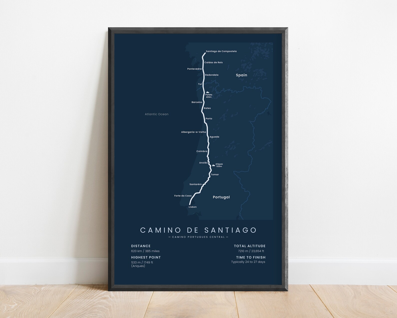 Camino Portugues Central Print Camino De Santiago Trail Map Lisbon to ...