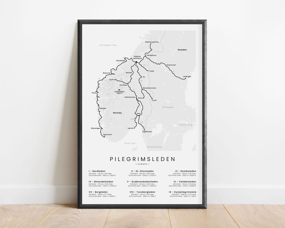 Pilegrimsleden Map | St. Olav's Way Route Print | Old King's Road Map ...