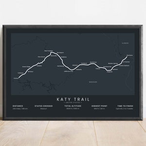 Katy Trail Map Print | MKT Rail Trail Poster | Clinton to Machens ...
