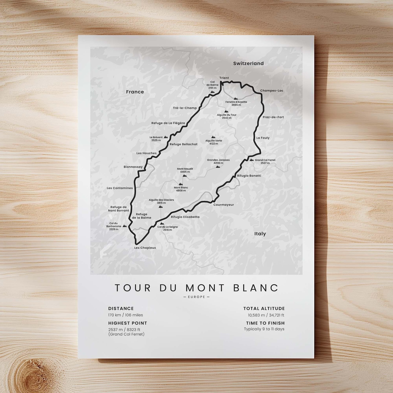 Tour Du Mont Blanc Print | TMB Hiking Map | Mount Blanc Loop Wall Art ...