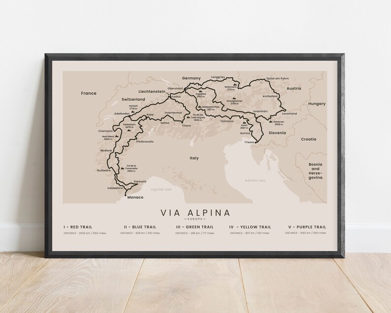 Via Alpina (all Colors) Print | Red, Blue, Green, Yellow, Purple via ...