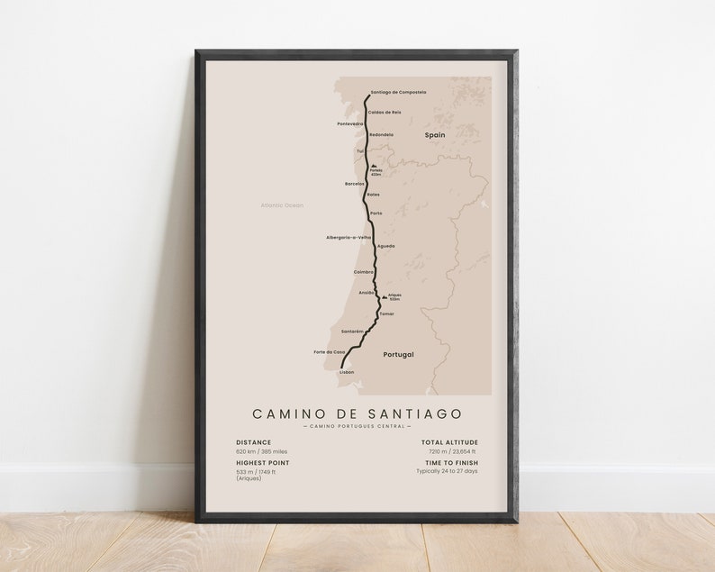 Camino Portugues Central Print Camino De Santiago Trail Map Lisbon to ...