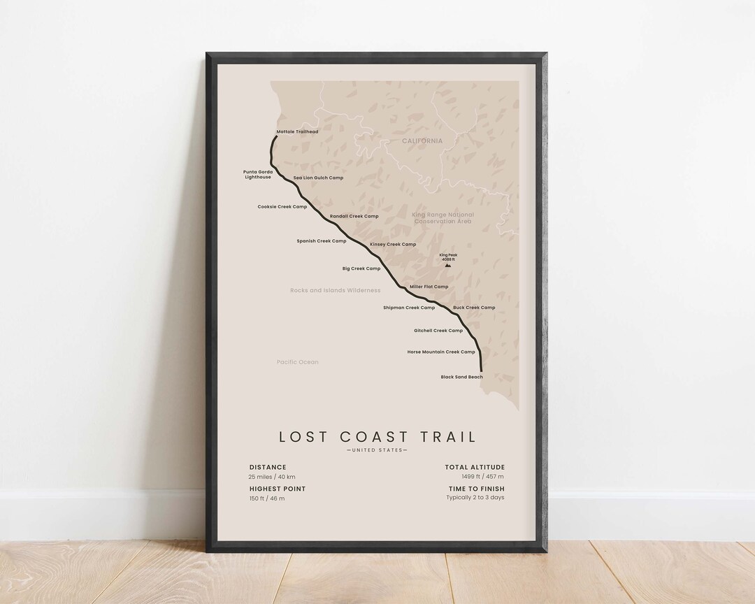 Lost Coast Trail Map Print | Mattole to Black Sand Beach Hiking Trail ...
