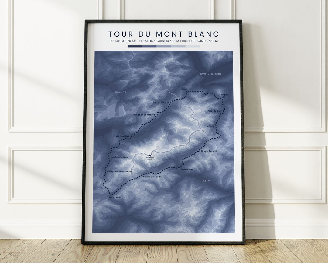 Tour Du Mont Blanc Topographic Map Poster | TMB Elevation Contour Map ...