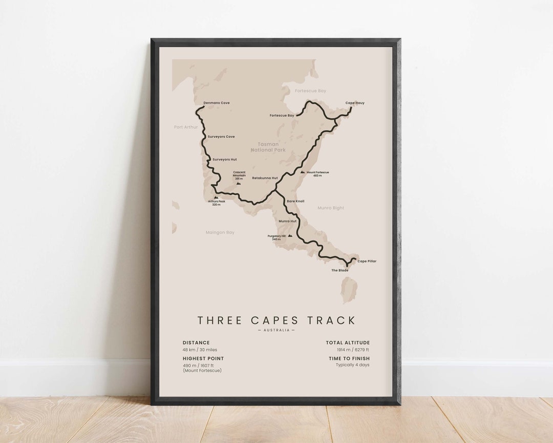 Three Capes Track Map Print | Tasman National Park Hiking Trail | Three ...