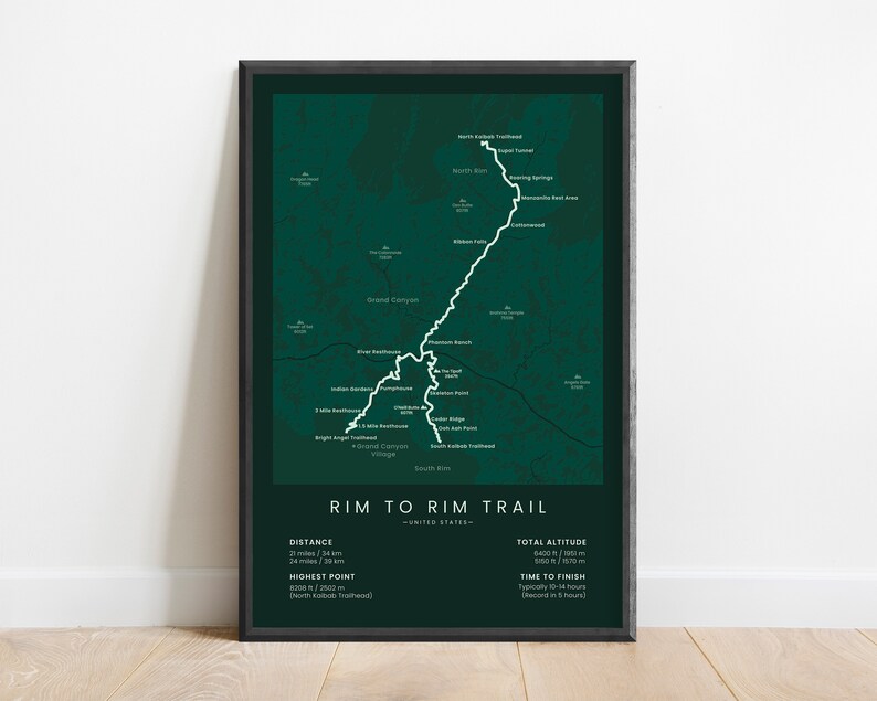 Rim to Rim Trail Print Grand Canyon Hiking Map South Rim - Etsy