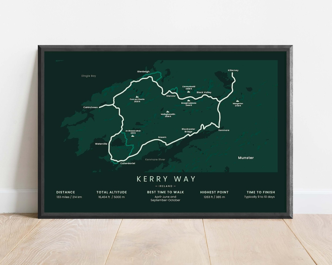 Kerry Way Map Poster | Ring of Kerry Hiking Trail Print | Ireland Thru ...