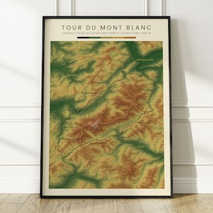 Tour Du Mont Blanc Topographic Map Poster | TMB Elevation Contour Map ...