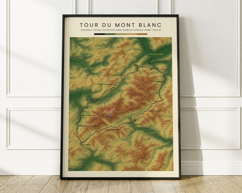 Tour Du Mont Blanc Topographic Map Poster | TMB Elevation Contour Map ...