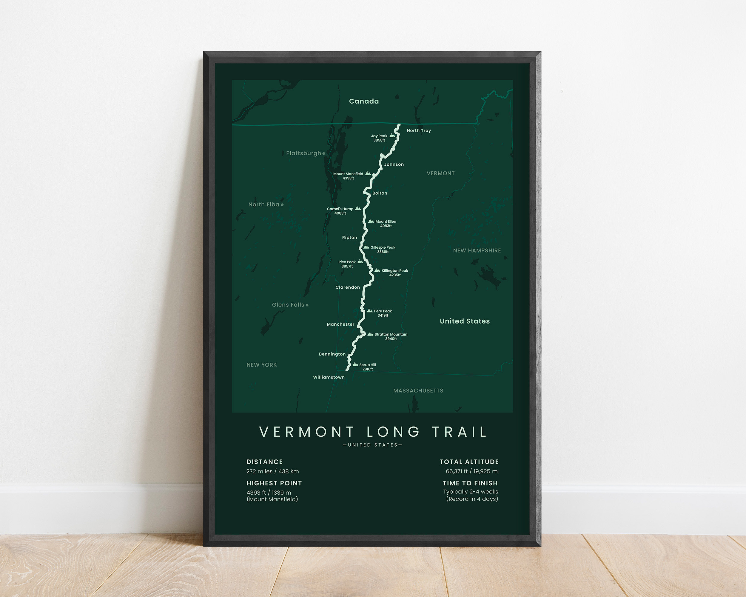 Vermont Long Trail Print | the Long Trail Thru Hike Map | USA Green ...