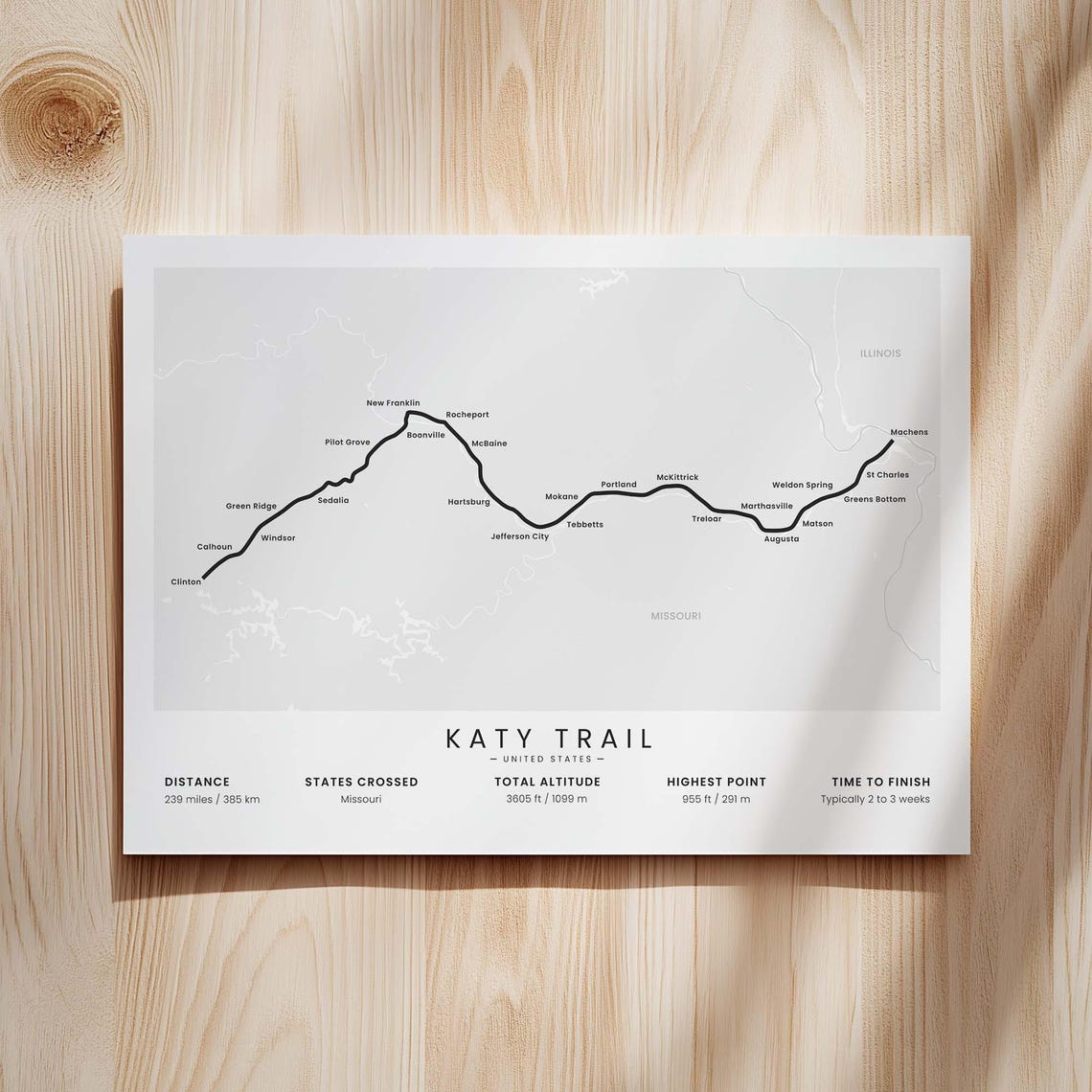 Katy Trail Map Print | MKT Rail Trail Poster | Clinton to Machens ...