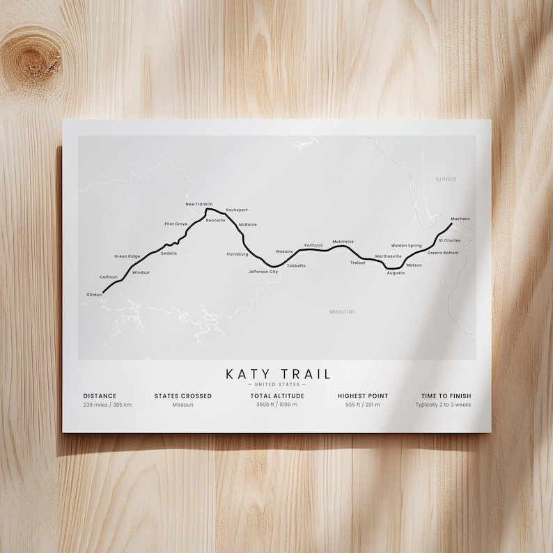 Katy Trail Map Print | MKT Rail Trail Poster | Clinton to Machens ...