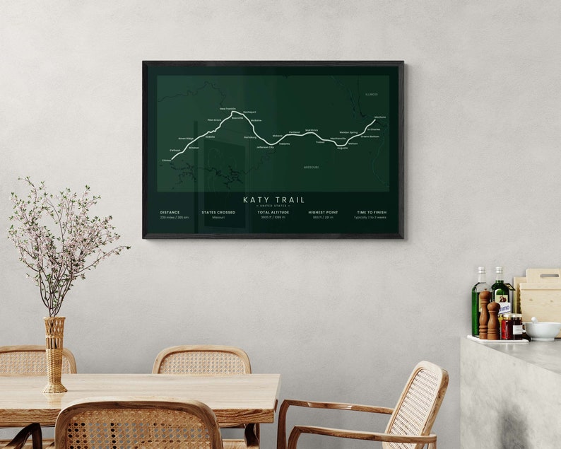 Katy Trail Map Print | MKT Rail Trail Poster | Clinton to Machens ...