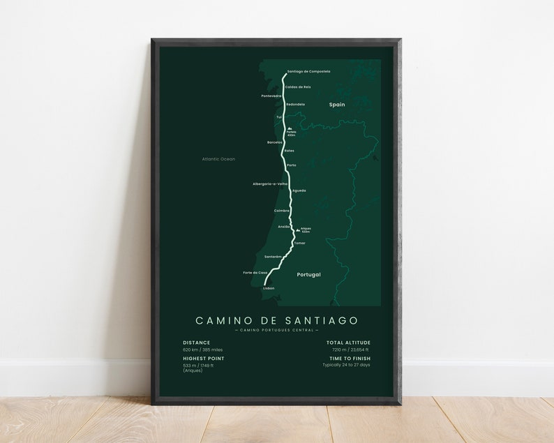 Camino Portugues Central Print Camino De Santiago Trail Map Lisbon to ...