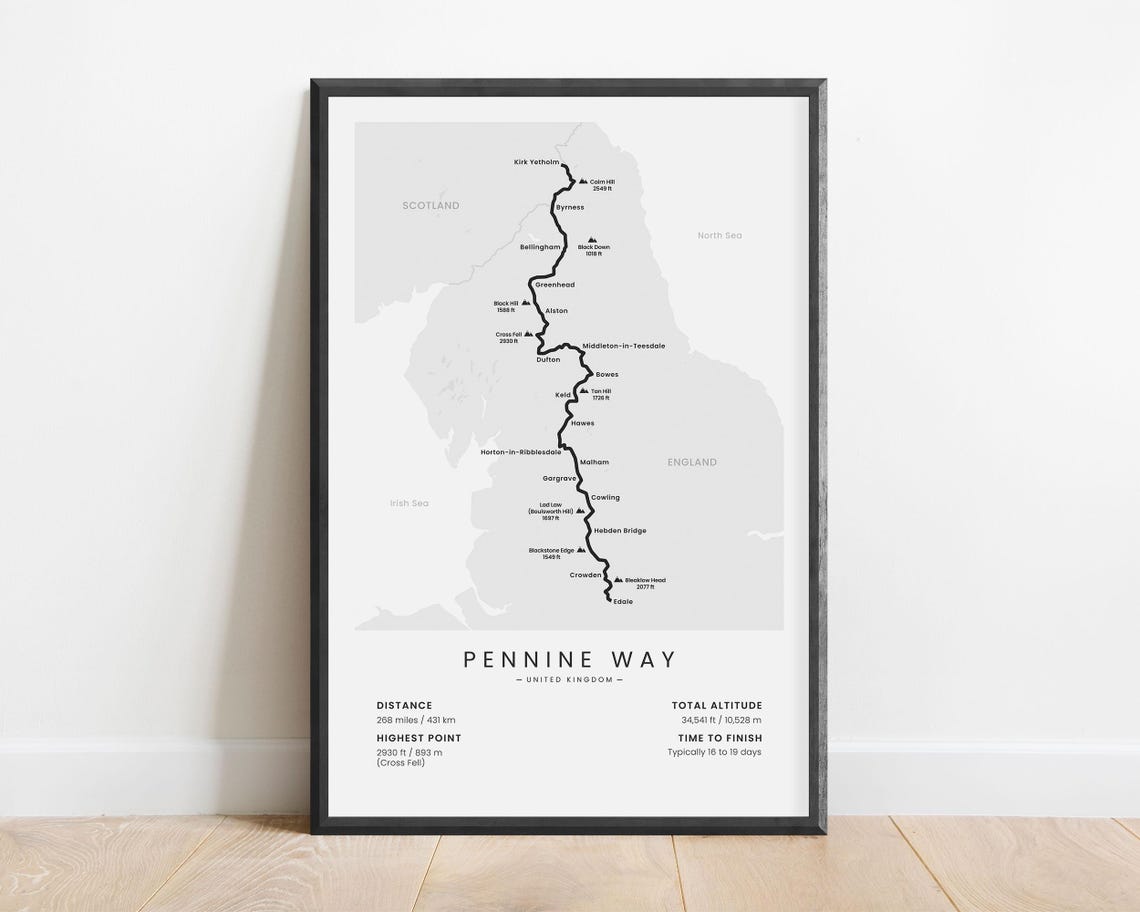 Pennine Way Print | Pennine Way Walking Trail Map Poster | England Long ...