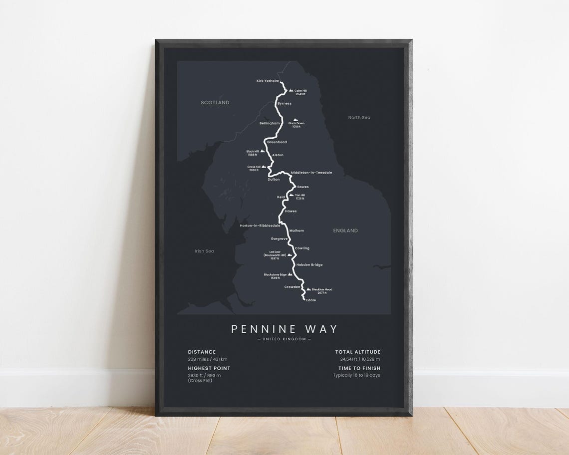 Pennine Way Print | Pennine Way Walking Trail Map Poster | England Long ...