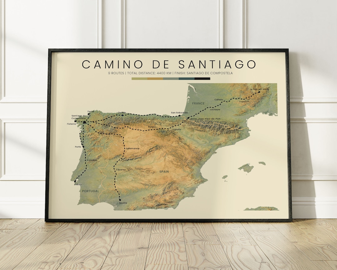 Camino De Santiago Topographic Map Poster (all Routes) | Way of Saint ...