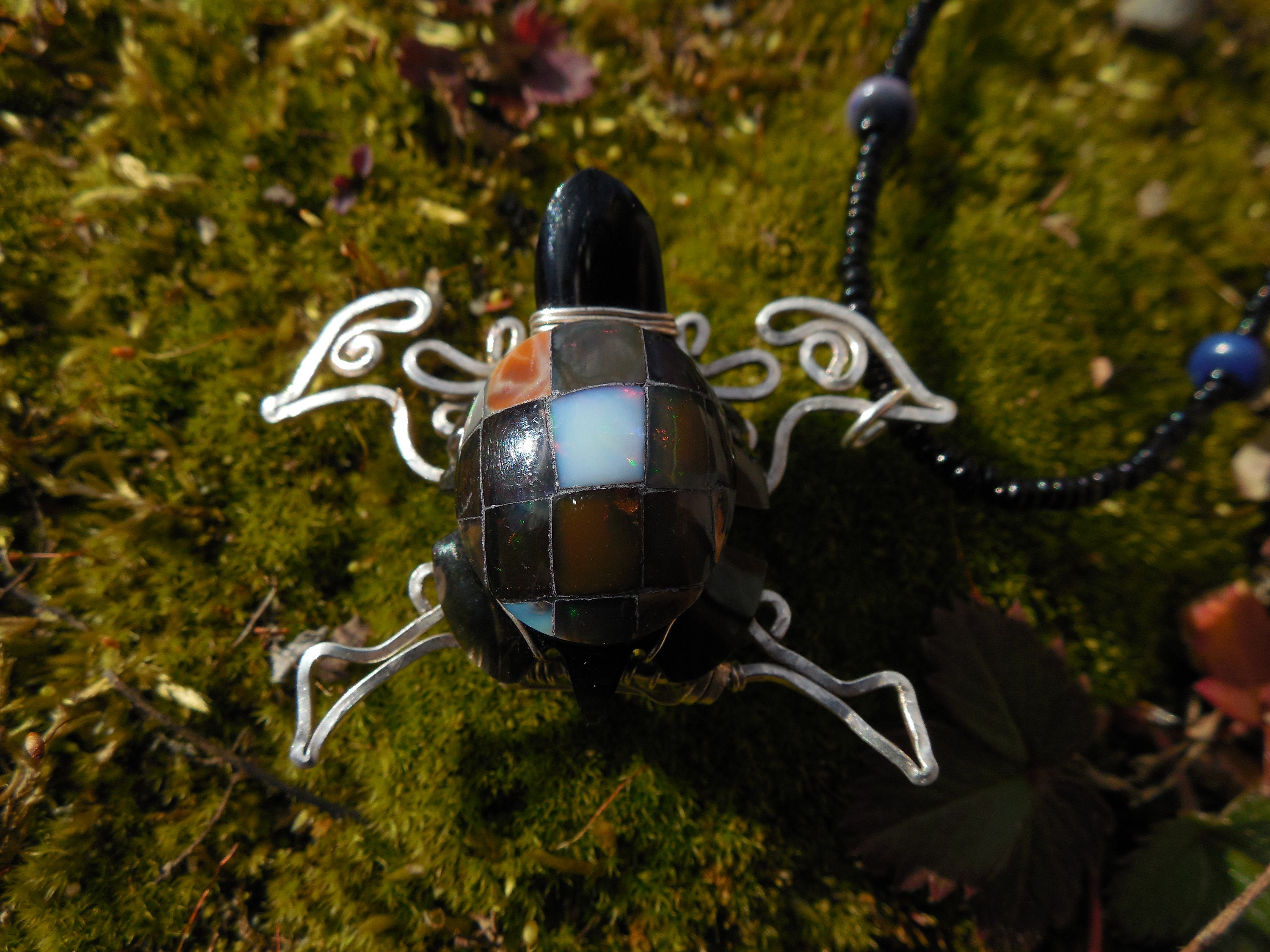 Mosaic Opal & Obsidian Turtle Pendant Bracelet Hybrid | Sterling Silver ...