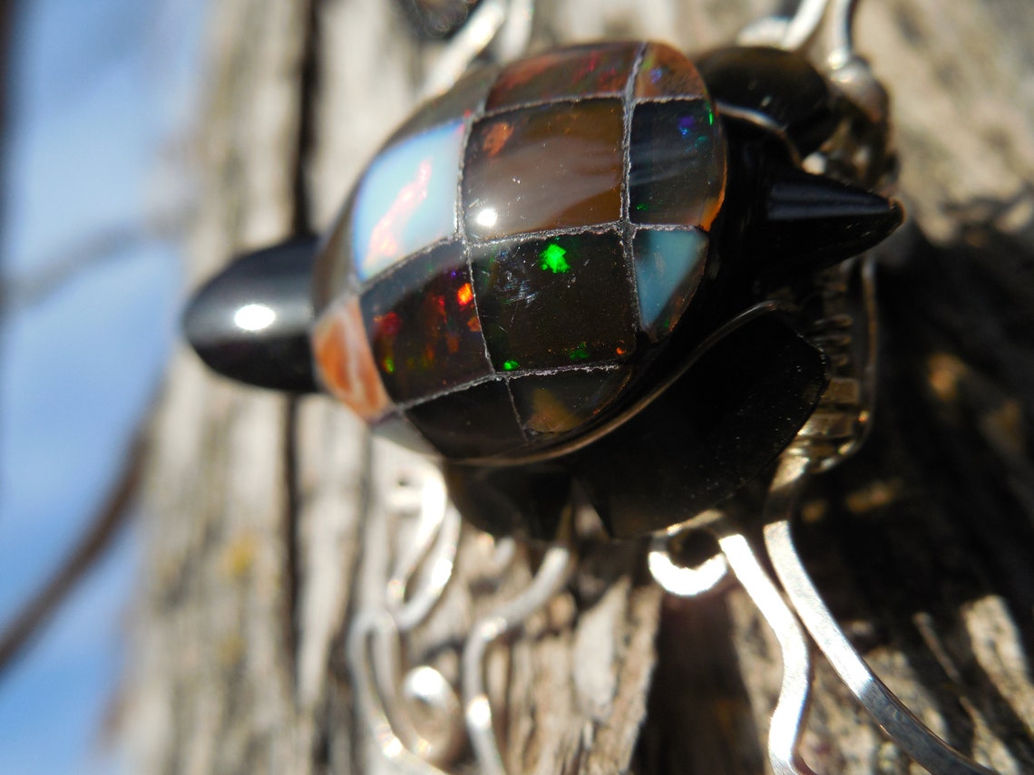 Mosaic Opal & Obsidian Turtle Pendant Bracelet Hybrid | Sterling Silver ...