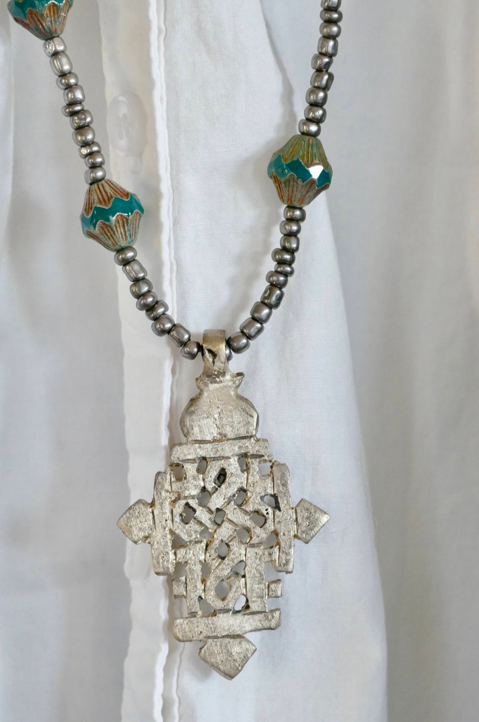 Coptic Cross Pendant Necklace: Teal Beaded Boho Jewelry - Etsy