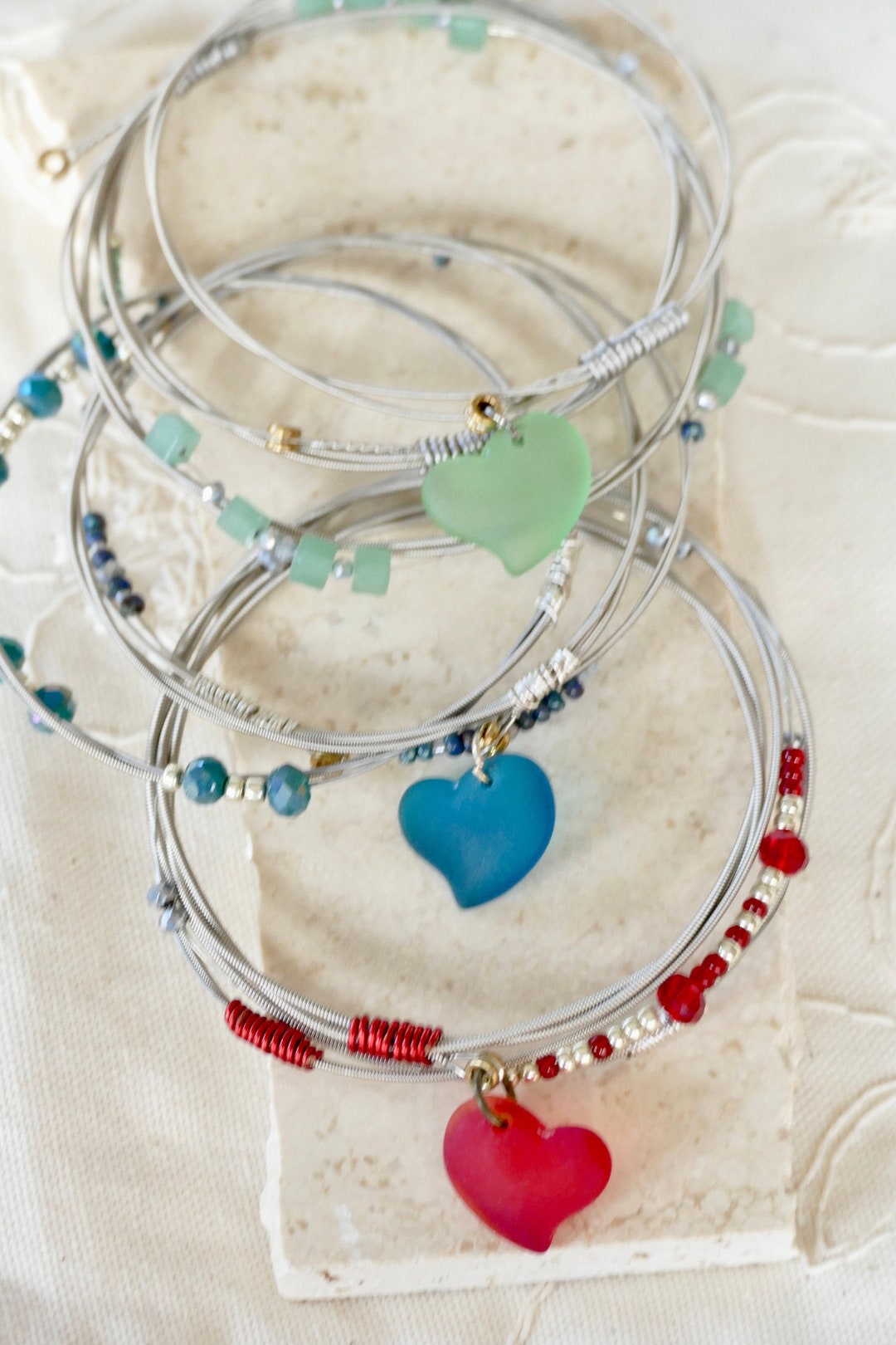 Guitar String Bracelet, Dainty Heart Bangle, Stacking Bead Bangle Set ...