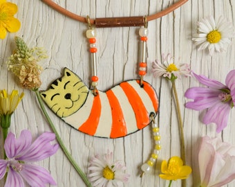 Enamel Pendant Enamel Necklace Cat Necklace Cat Shaped | Etsy