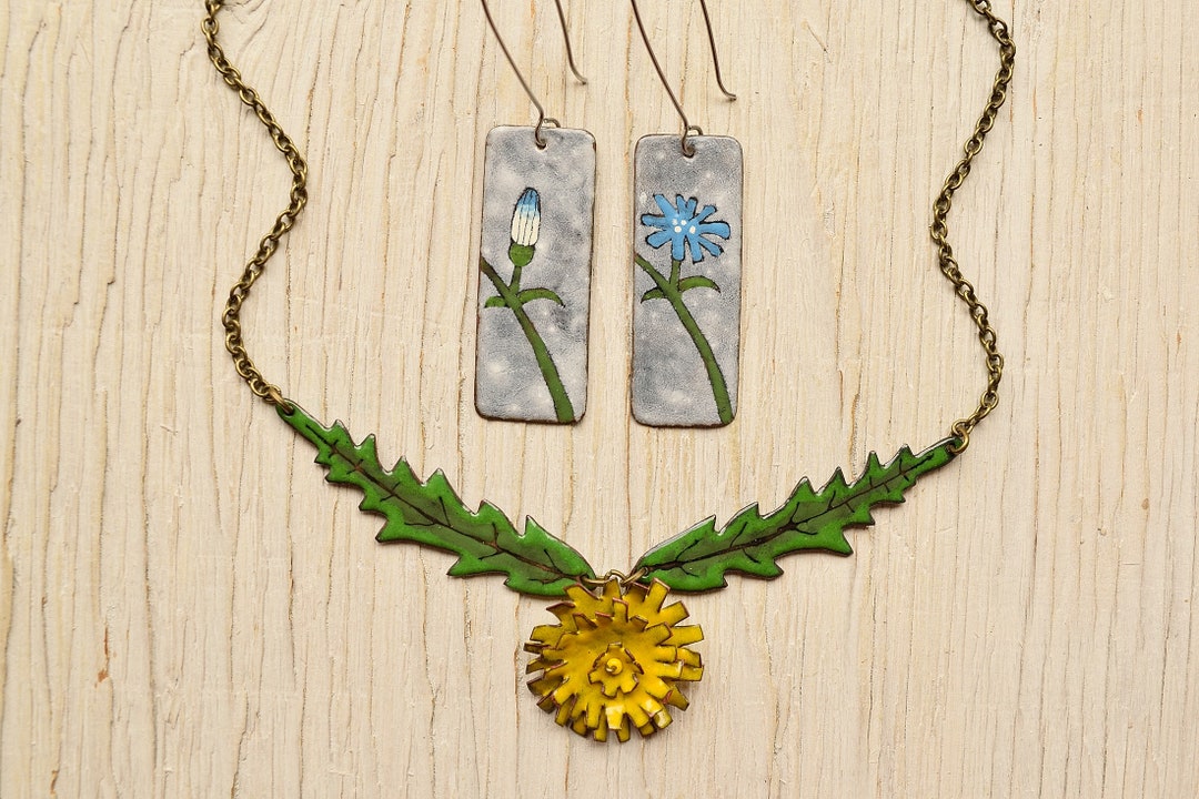 Dandelion Enamel Jewelry Set, Chicory Earrings, Wildflower Earrings and ...