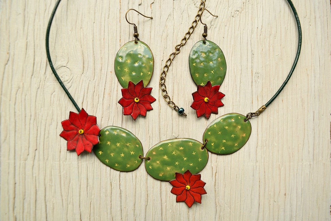 Prickly Pear Cactus Jewelry Set, Enamel Necklace Cactus Earrings ...